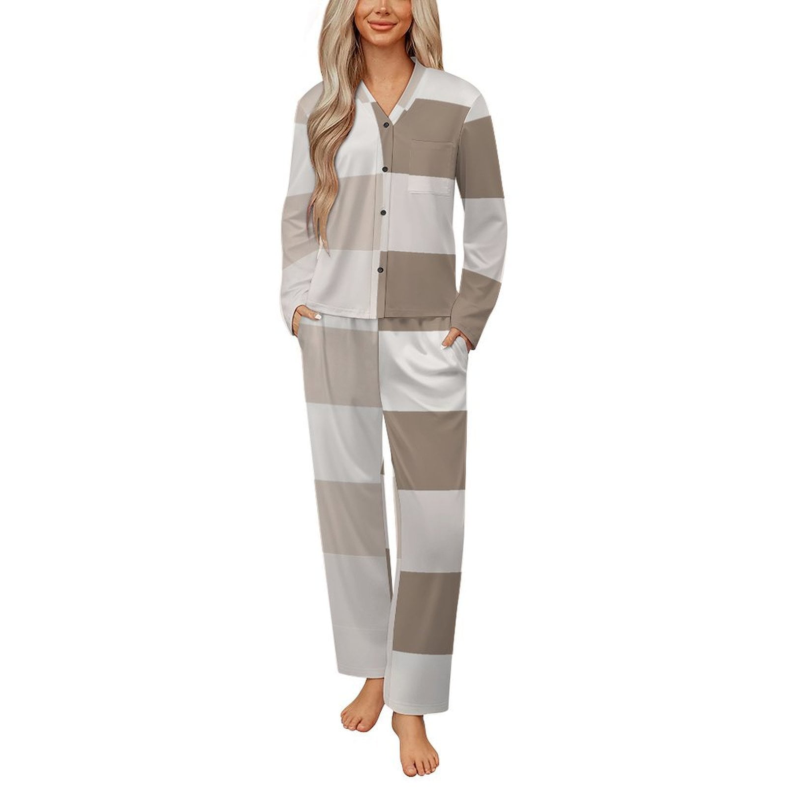 Beige Pixel Art Print Womens Pyjamas Set Button Up Pyjamas Womens with ...