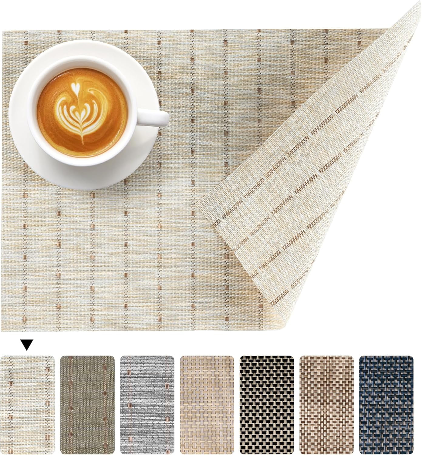 Beige Placemats Set of 6 - Durable Plastic Vinyl Woven Place Mats Heat ...