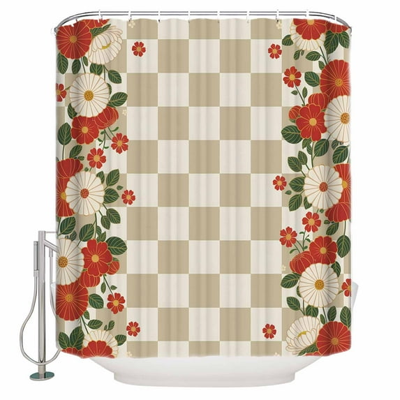 Beige Plaid Bathroom Shower Curtains with 12 Hooks Polyester Waterproof ...