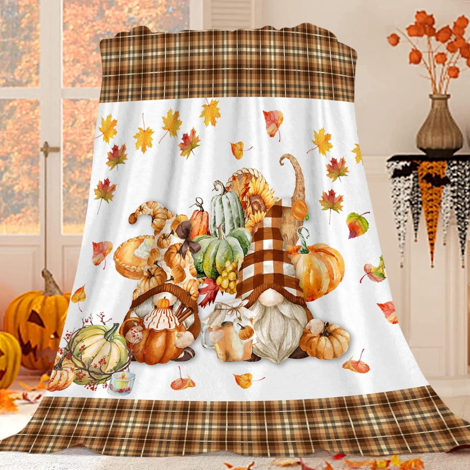 Beige Plaid Fall Decor Flannel Throw Blanket 60x80 Inch, Gnome Autumn ...