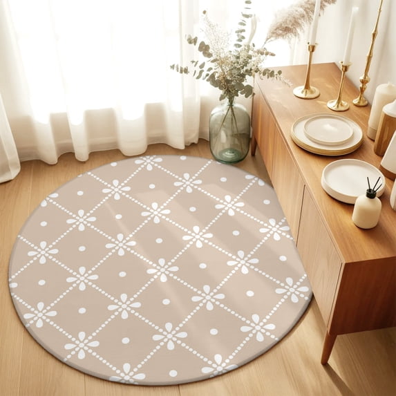 Beige Plaid Flower Polka Dots Round Area Rug 3ft,Living Room Rug Non ...