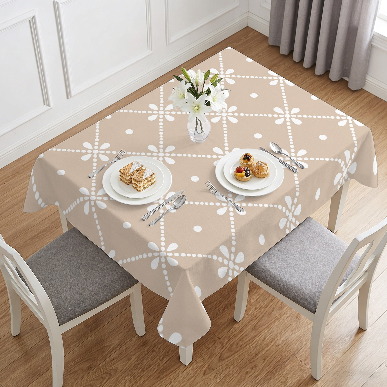 Beige Plaid Flower Polka Dots Table Cloth 60x84in, Waterproof Rectangle ...