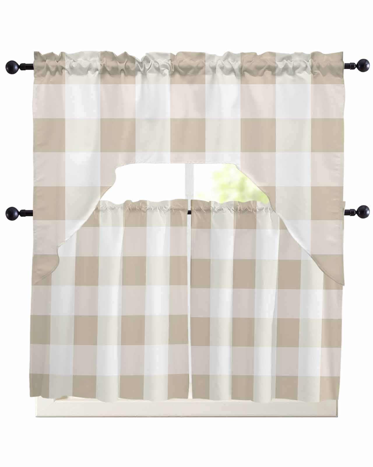 Beige Plaid Kitchen Curtains Set for Windows 3 Piece Cafe Curtains 24 ...