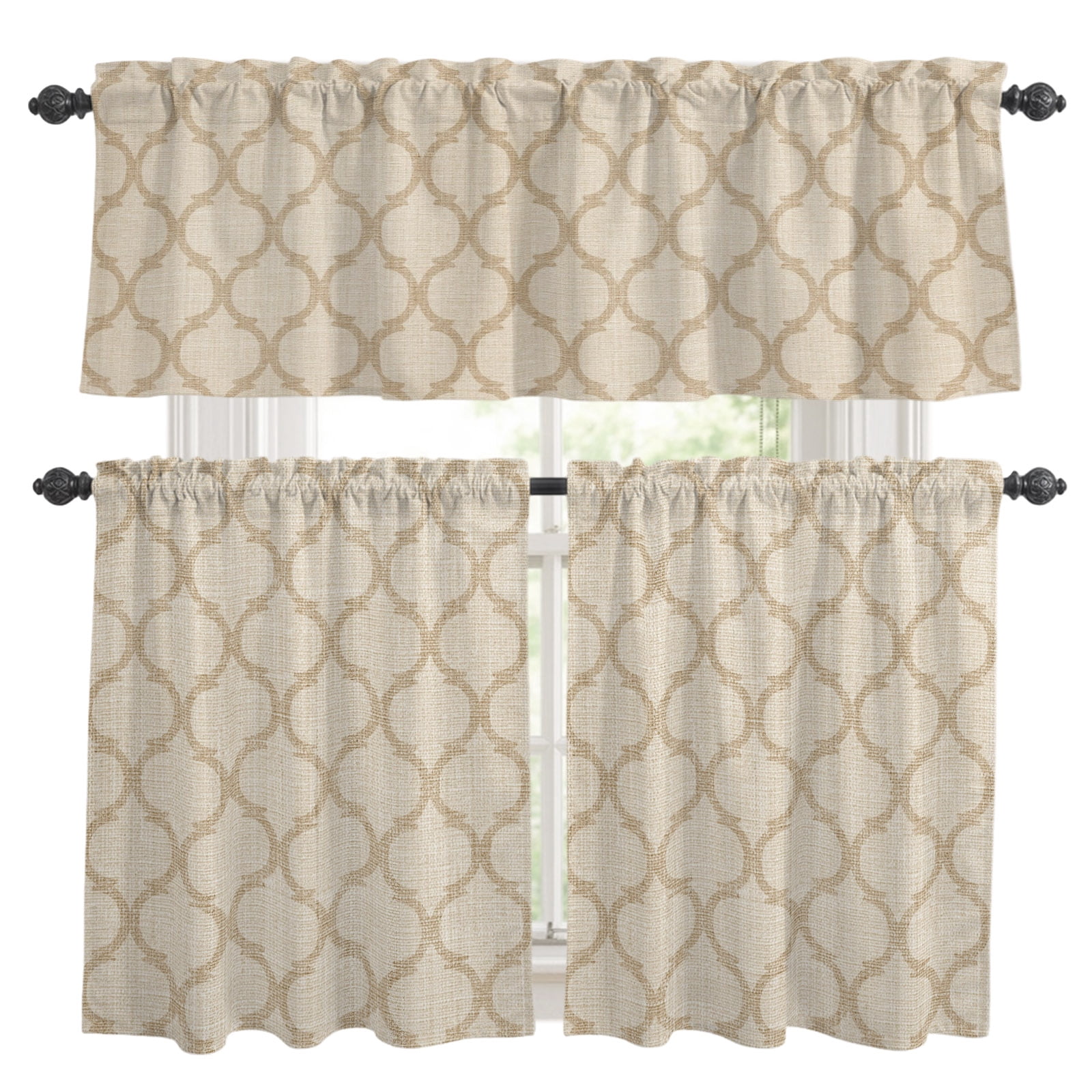 Beige Plaid Kitchen Curtains Set for Windows, Retro Country Moroccan ...