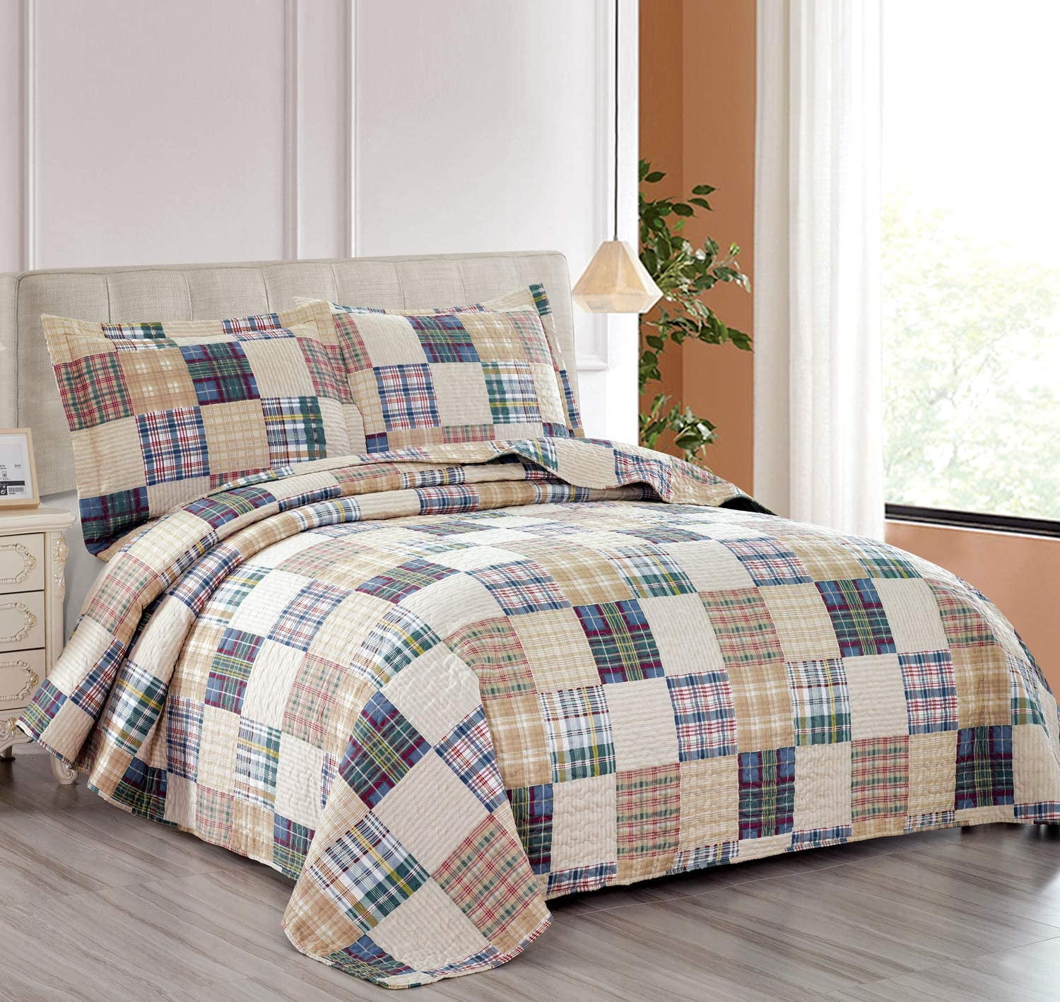 Beige Plaid Quilt Set Full/Queen Country Patchwork Bedding Quilt ...