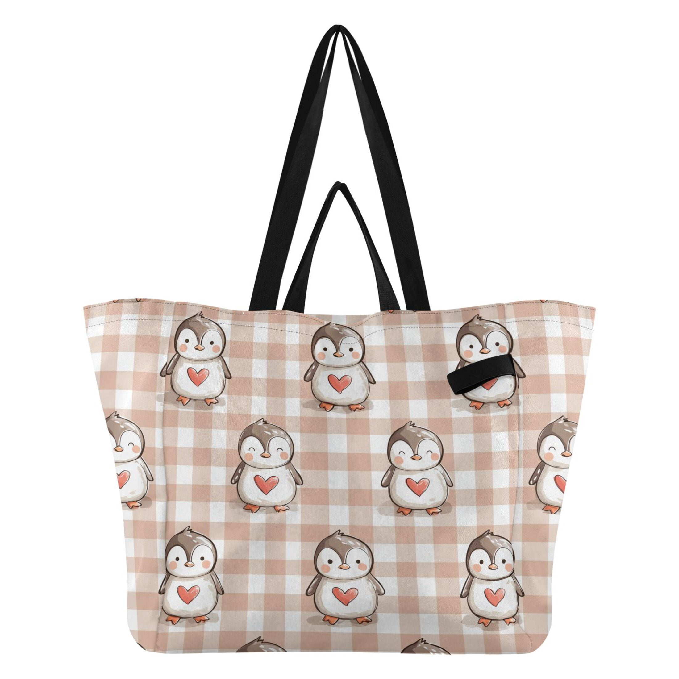 Beige Plaids Penguins Hearts Valentine Cartoon Foldable Canvas Tote ...