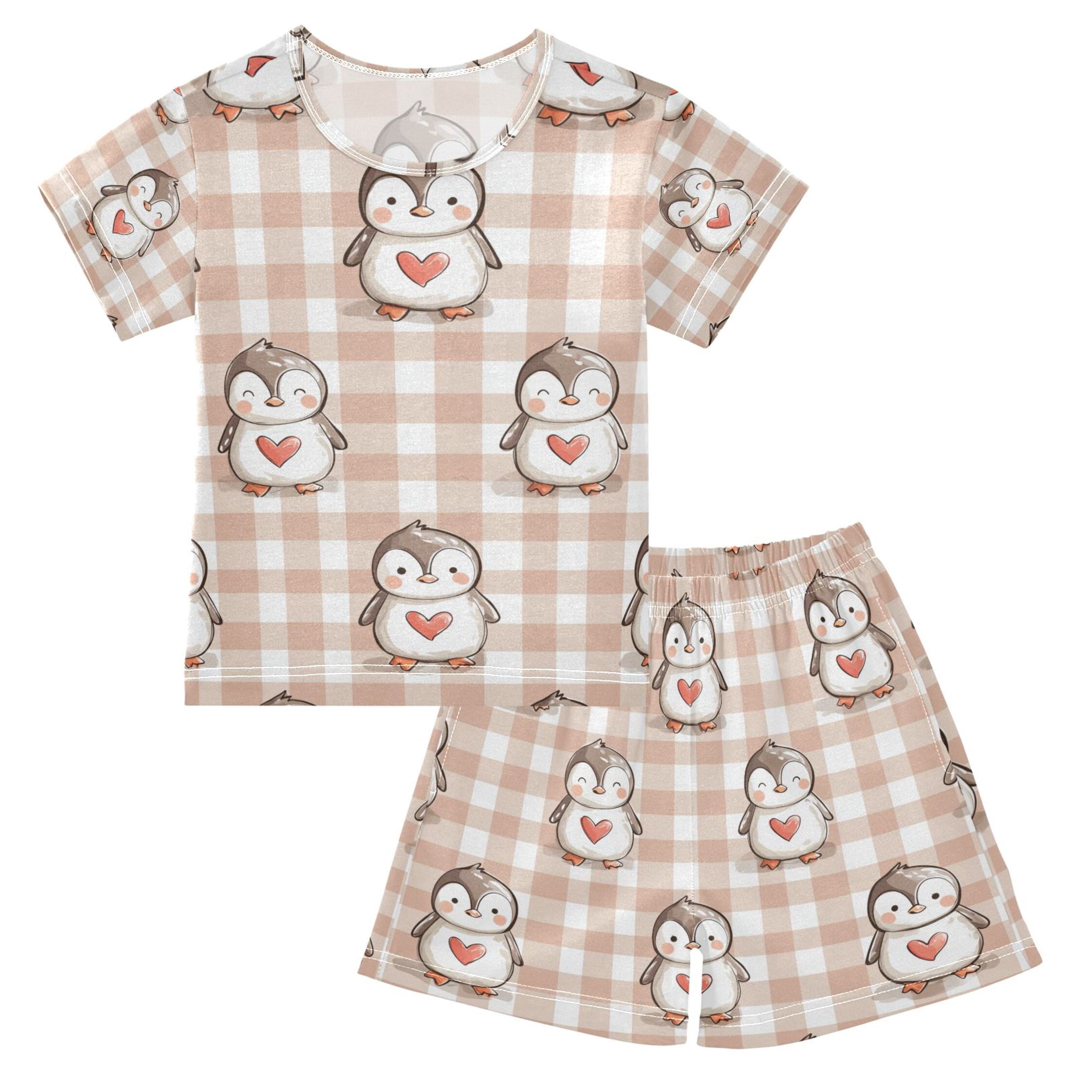 Beige Plaids Penguins Hearts Valentine Cartoon Pajamas Set Short ...