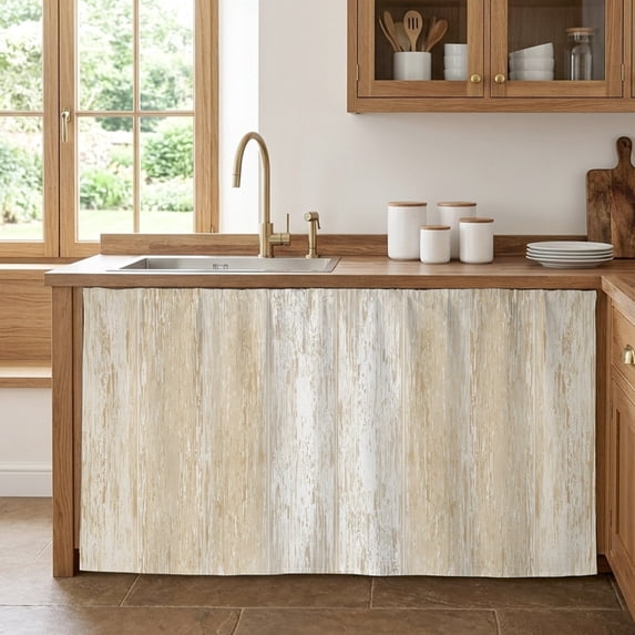 Beige Planks Cabinet Curtains 32" W x 55" L, Farmhouse Vertical Wood ...