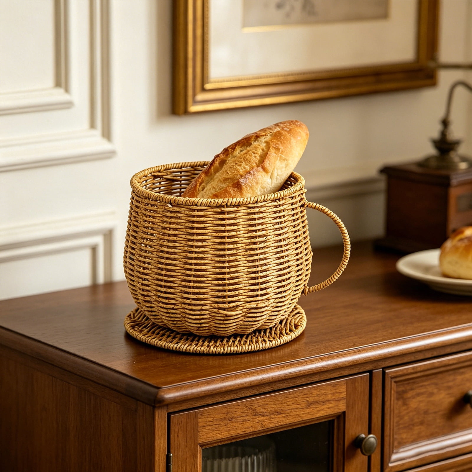 Beige Plastic Woven Coffee Cup Storage Basket with Handle and Base ...