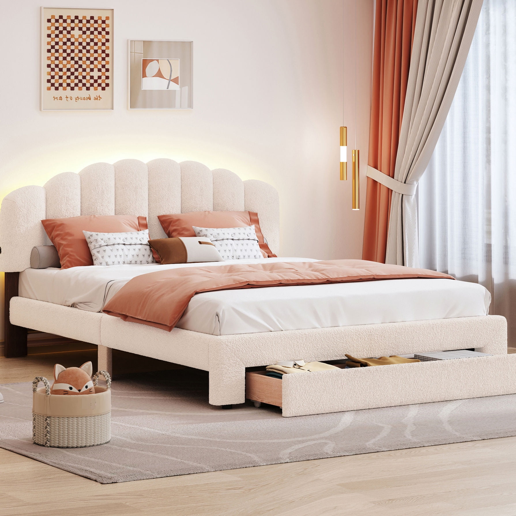 Beige Platform Bed | LED Lights for Ambiance | Headboard with Charging ...