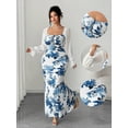 Beige Plus Size Square Neck Chiffon Puff Sleeve Maxi Dress With Floral ...