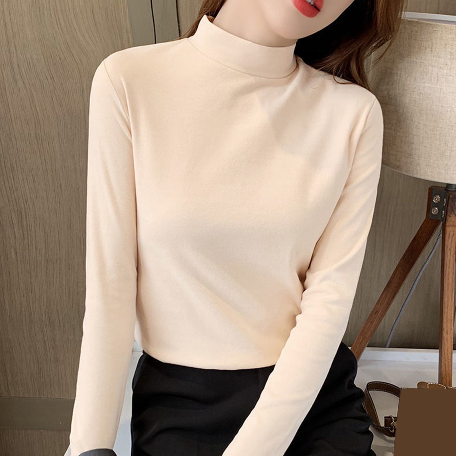 Beige Plus Size Tops Women Slim Casual Solid Long Sleeve Mock ...
