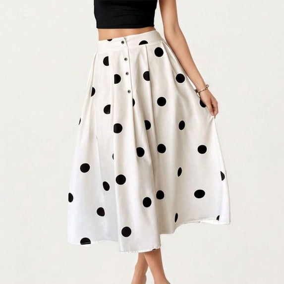 Beige Polka Dot Midi Skirt With Button Front And Flowy A-Line ...
