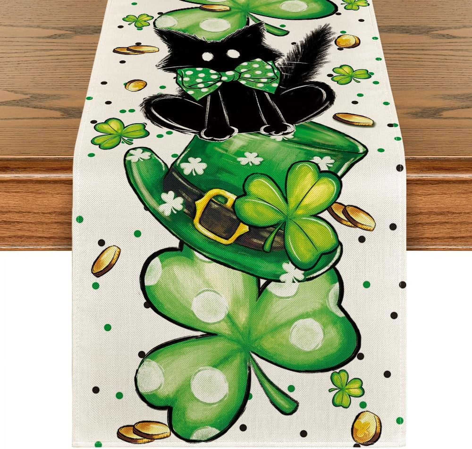 Beige Polka Dot Shamrocks Hat St.Patrick's Day Linen Table Runner Irish ...