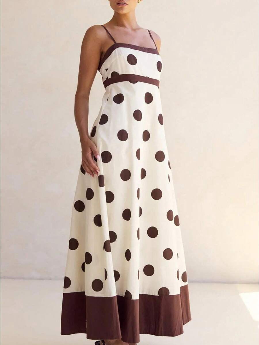 Beige Polka Dot Slip Dress With Spaghetti Straps And Brown Trim Maxi ...