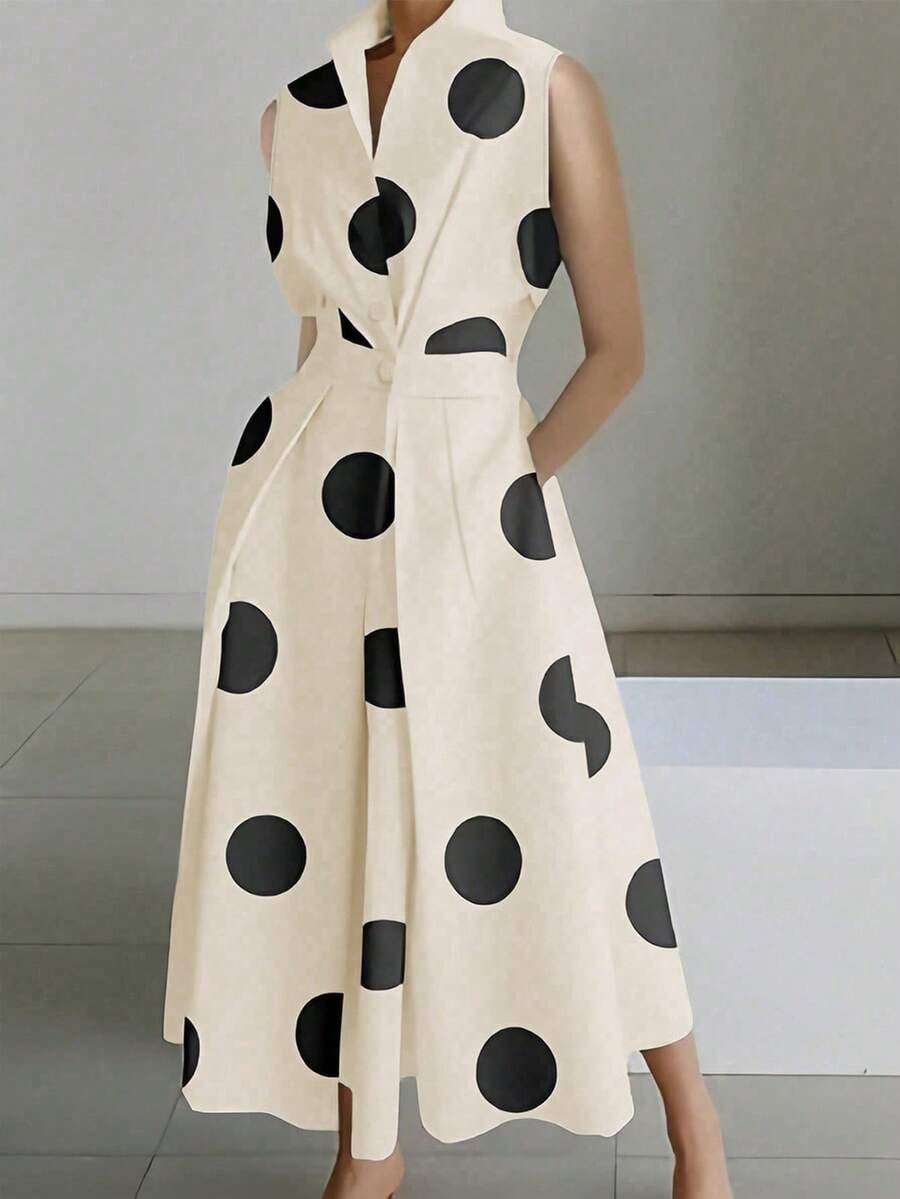 Beige Polka Dot V-Neck Sleeveless Button-Up Flared Midi Dress For Women ...