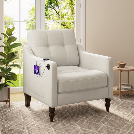 Beige Polyester Accent Chair with USB Port & Storage - Comfy Living ...