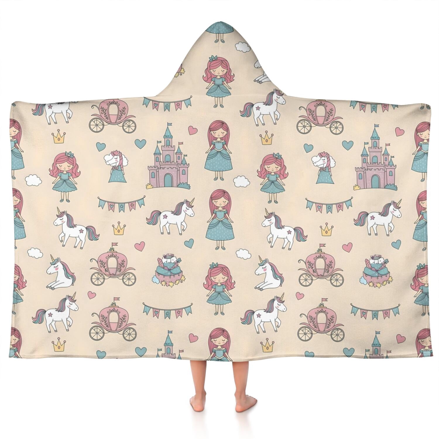 Beige Princess Carriage Pattern Hooded Bath Towel，50"x30" for Ages 3 To ...
