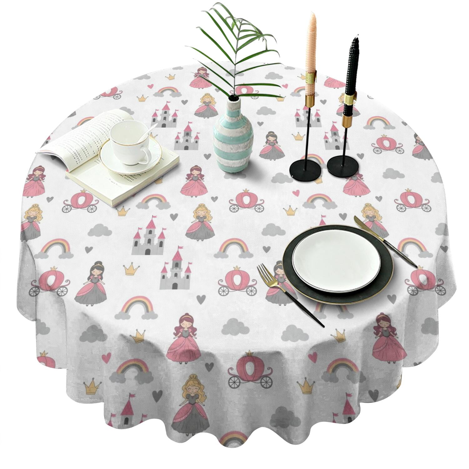Beige Princess Castle Rainbow Pattern Round Tablecloth 60"x60",Wrinkle ...