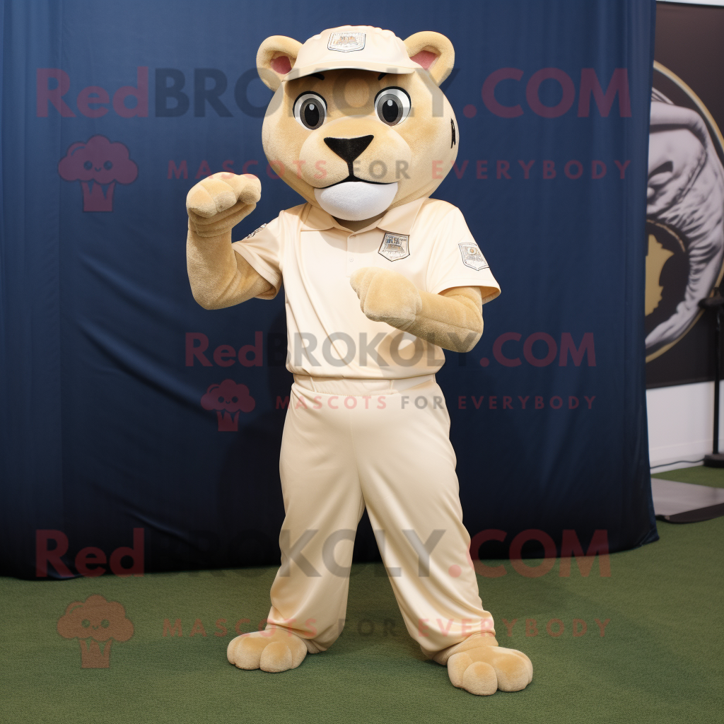 Beige Puma REDBROKOLY mascot costume character dressed with a Corduroy ...