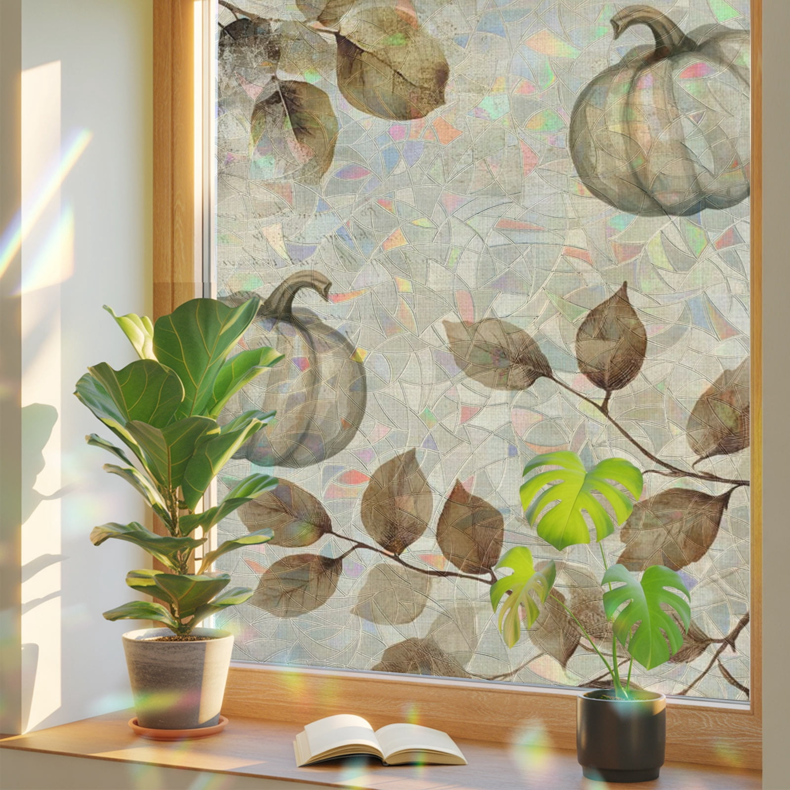 Beige Pumpkin Fall Privacy Window Film, Decorative Stained Glass Window ...