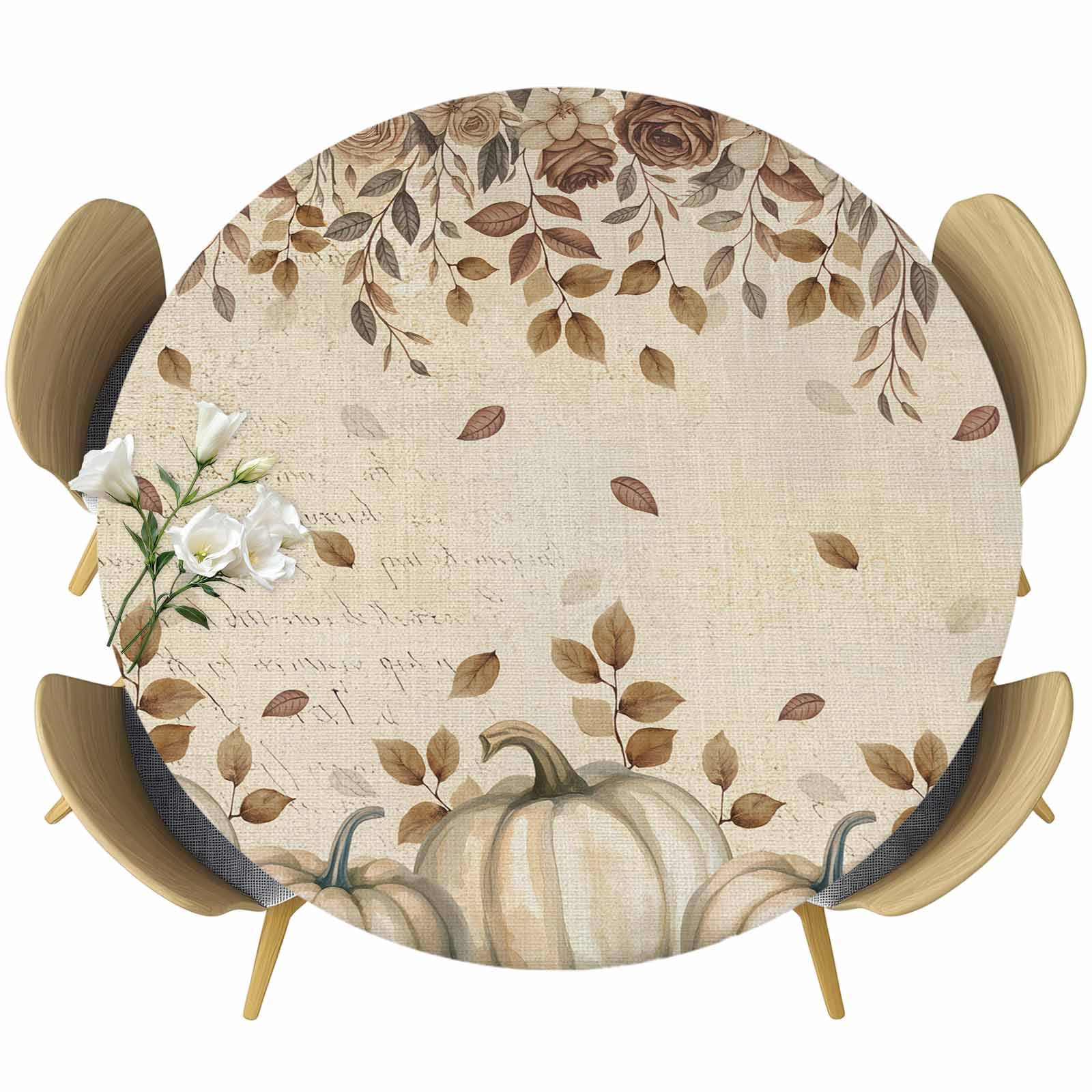 Beige Pumpkin Fall Round Tablecloth, Fitted Table Cover with Elastic ...