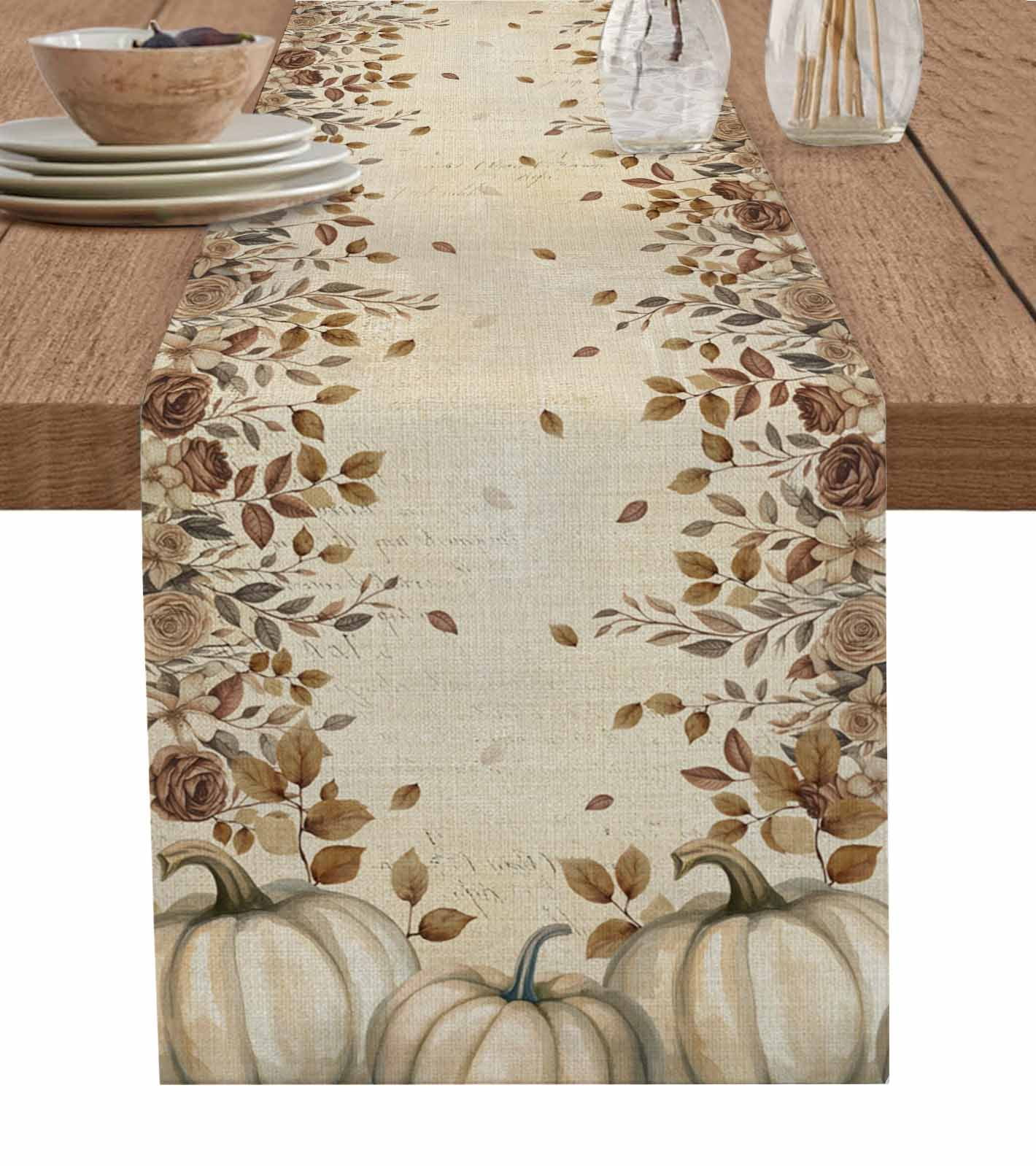 Beige Pumpkin Fall Table Runner 120 Inches, Thanksgiving Roses Eucalyptus Vintage Bed Runner ...
