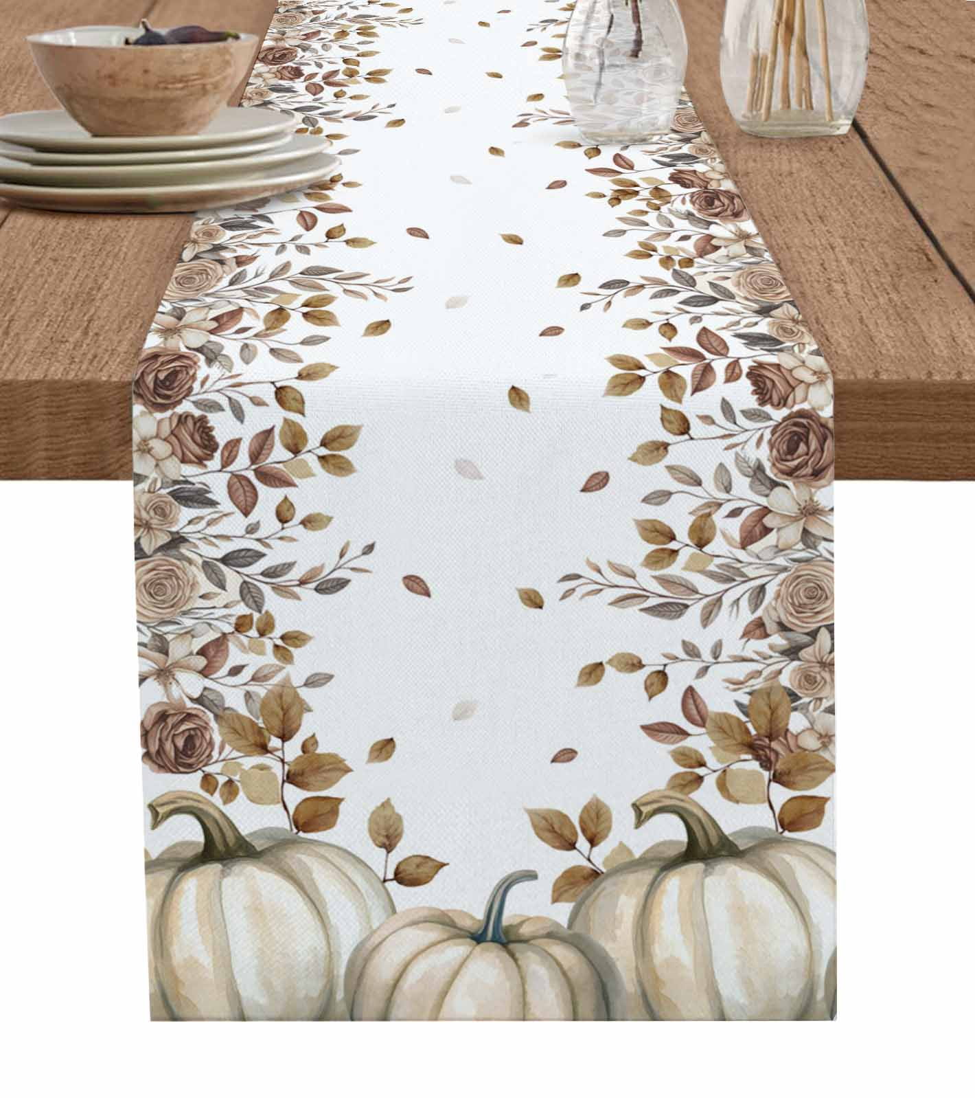 Beige Pumpkin Fall Table Runner 72 Inches, Thanksgiving Roses ...