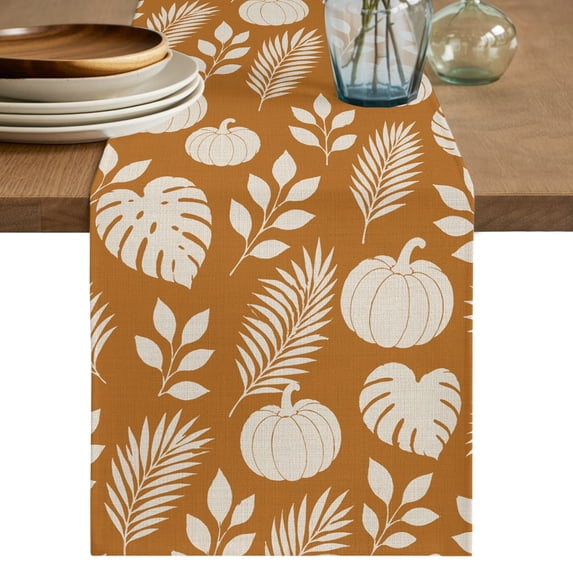Beige Pumpkins Table Runner, Botanical Fern Leaf Tropical Fronds Orange ...