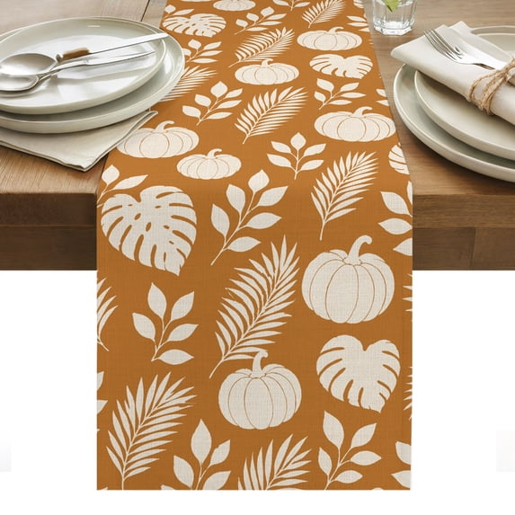 Beige Pumpkins Table Runner, Botanical Fern Leaf Tropical Fronds Orange ...