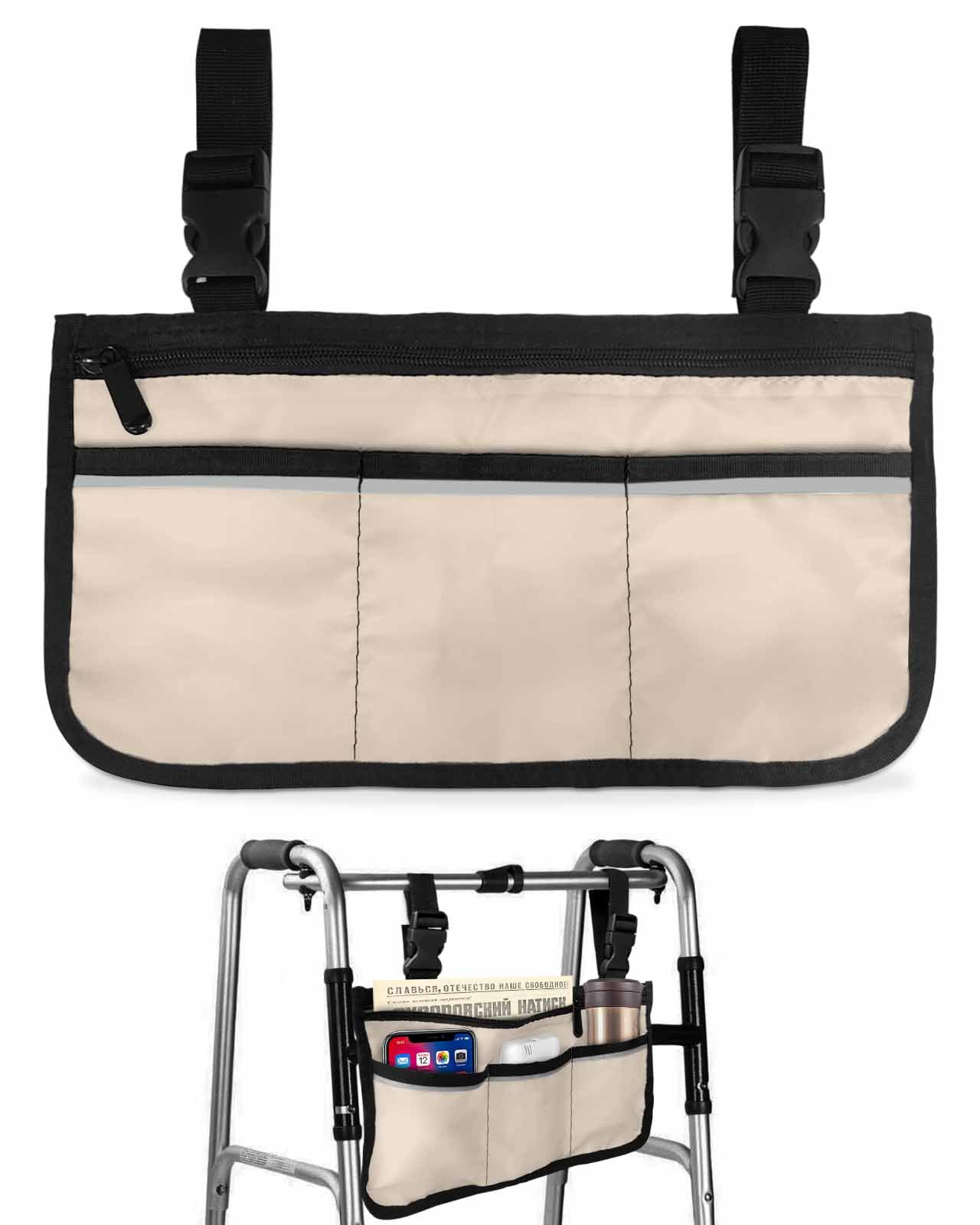 Beige Pure Color Wheelchair Bag with Cup Holder Walker Bag with ...