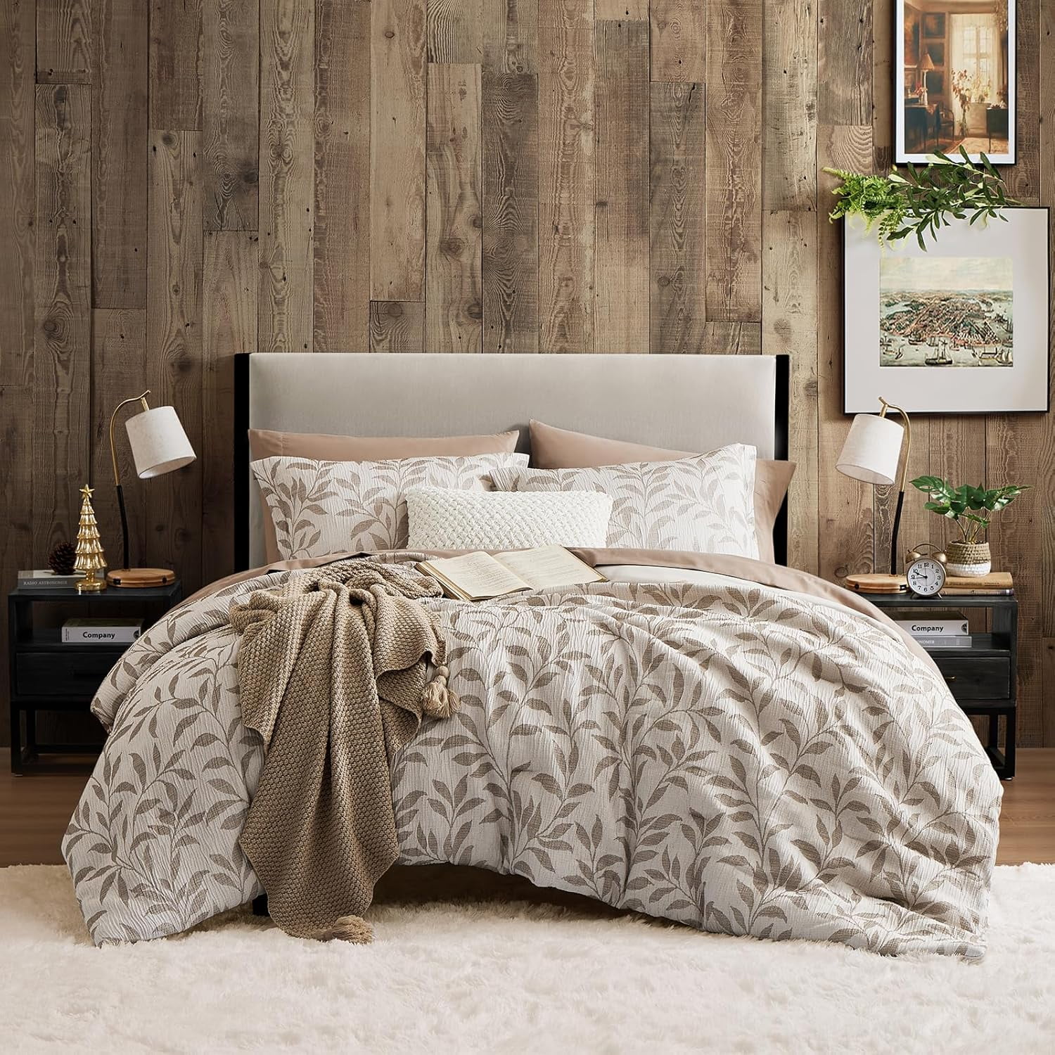 Beige Queen Comforter Set 7 Piece, Crinkle Jacquard Leaves Beige ...