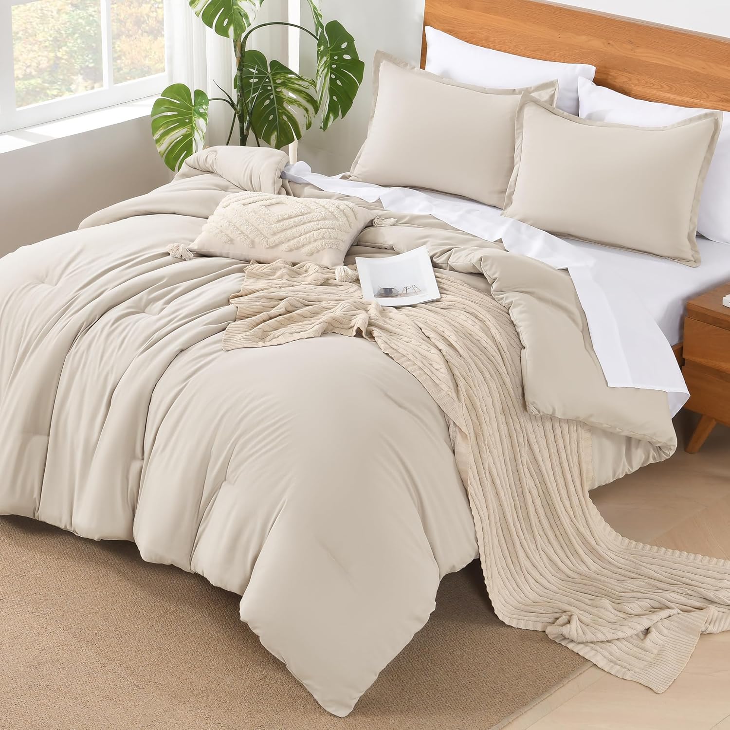 Beige Queen Comforter Set - 7 Pieces Cream Bed in a Bag Queen Bedding ...