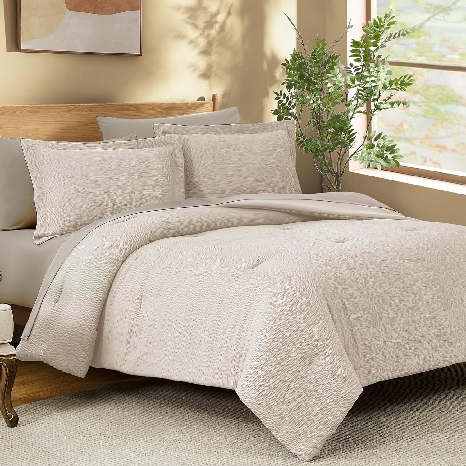 Beige Queen Size Comforter Sets, Textured Design Minimalist Queen Size ...