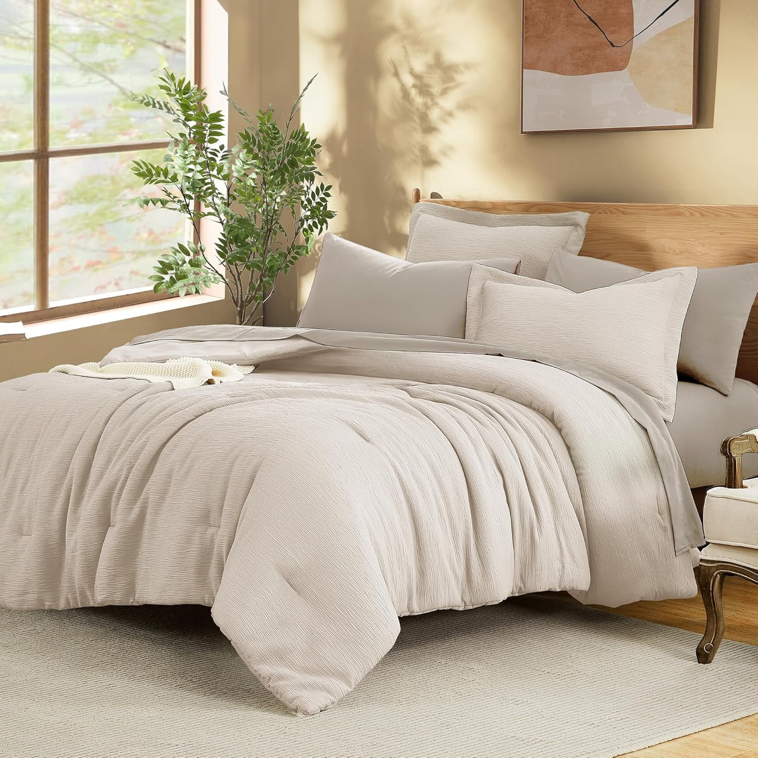 Beige Queen Size Comforter Sets, Textured Design Minimalist Queen Size ...