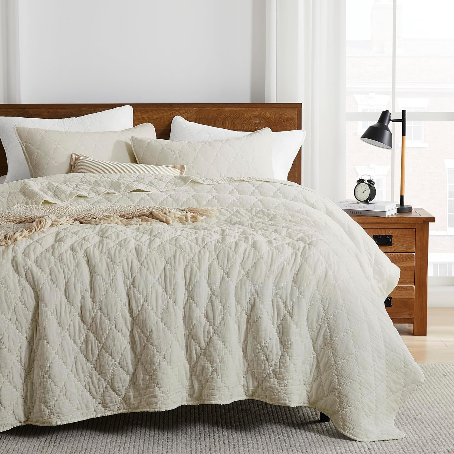 Beige Queen Size Quilt Set, Muslin Cotton Shell Down-Alt Poly Filling ...