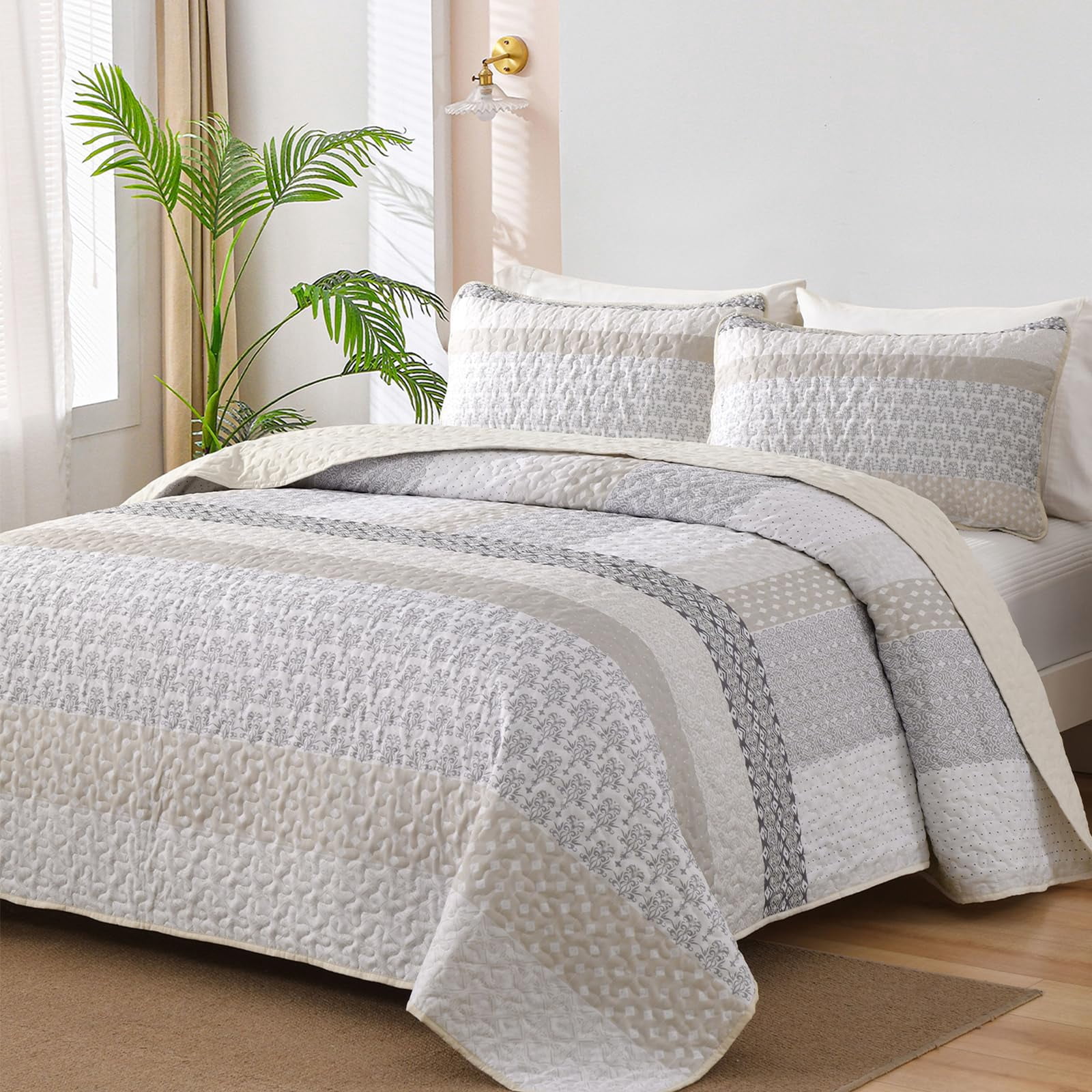 Beige Quilt Queen Size Bohemian Stripe Sets 3 Pieces Boho Quilted ...