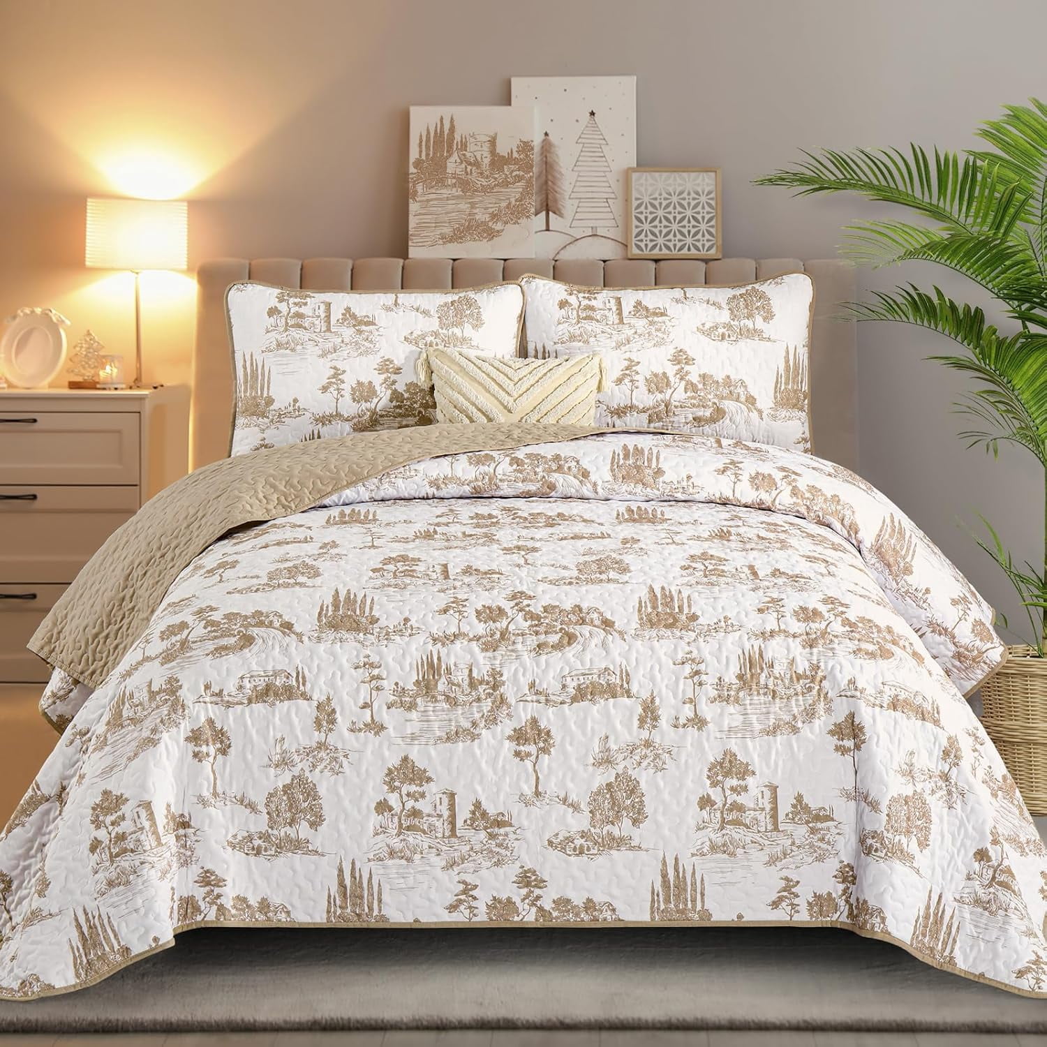 Beige Quilt Set with Botanical Leaves Village Bedspread, Lightweight ...