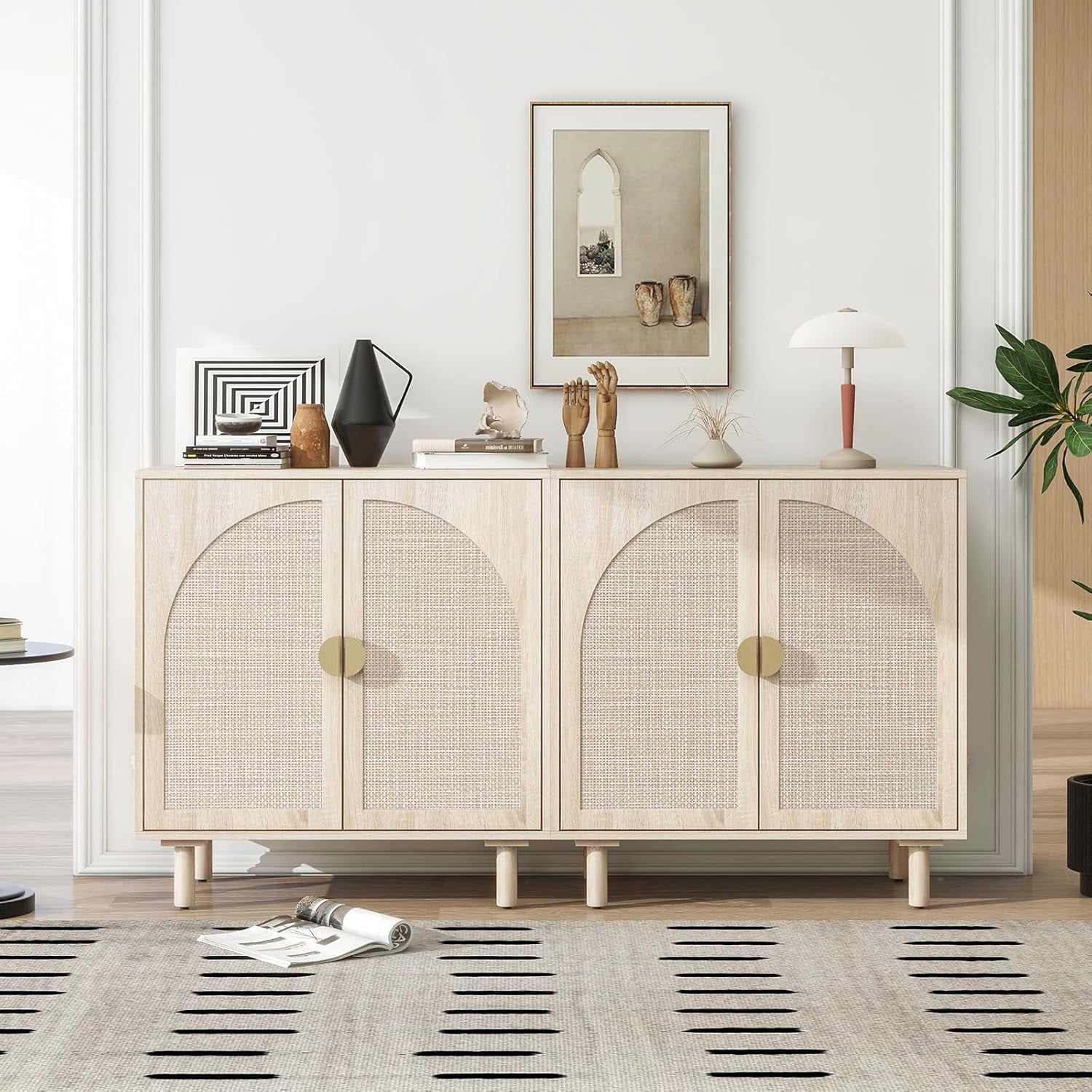 Beige Rattan Cabinet-2-Doors,Sideboard Buffet Cabinet with Storage ...