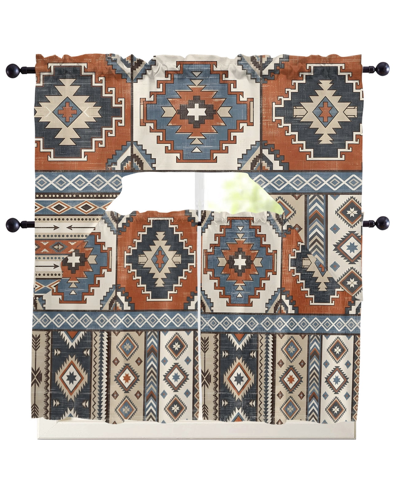 Beige Red Boho Kitchen Curtains Sets 36 Inch Length with Valance ...