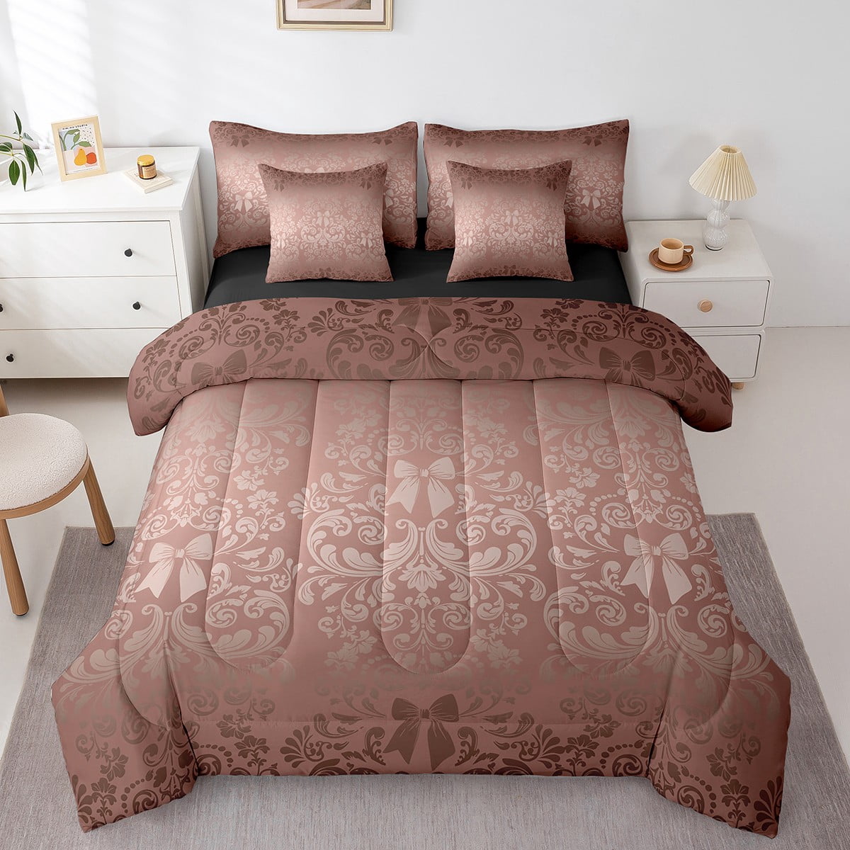 Beige Red Bow Knot 7 Piece Comforter Set Full Bed in a Bag,Antique ...