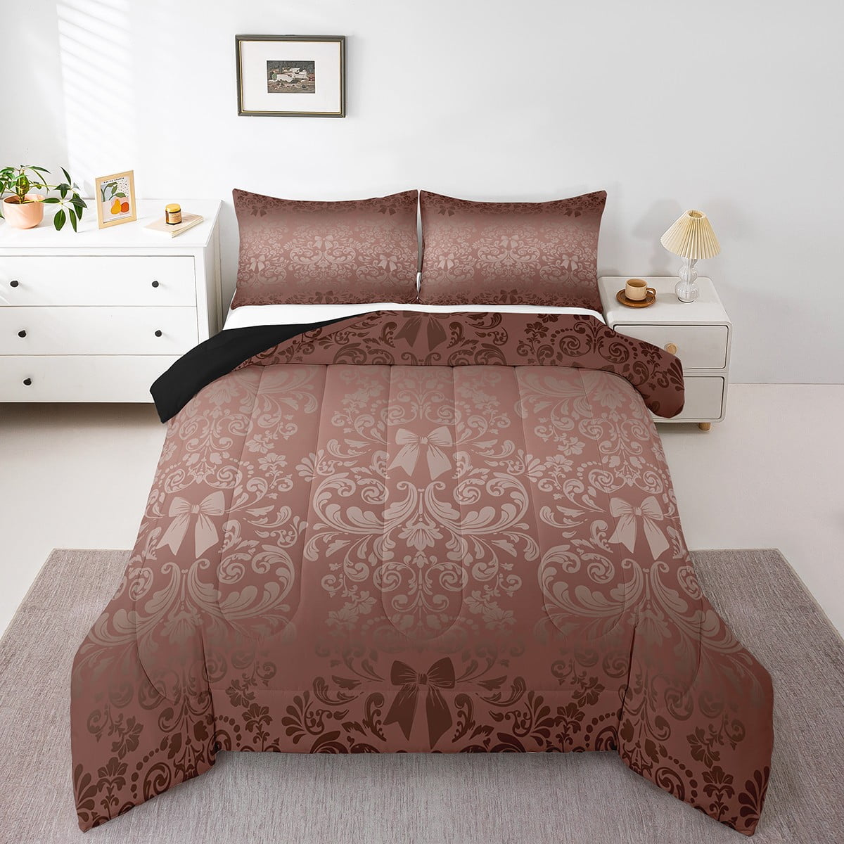 Beige Red Bow Knot Comforter Set Antique Victorian Damask Bedding Sets ...