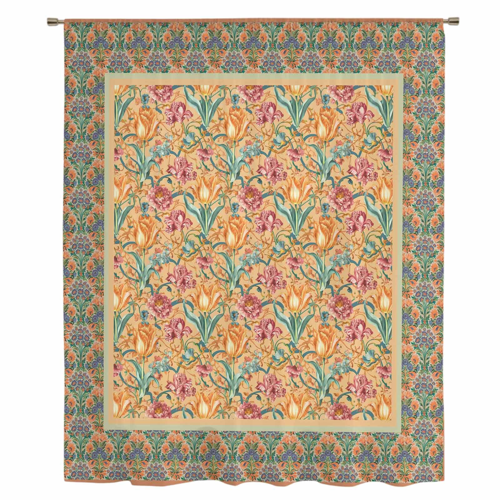 Beige Red Floral Boho Sheer Curtains 96" Long, Vintage Ethnic Tribe ...