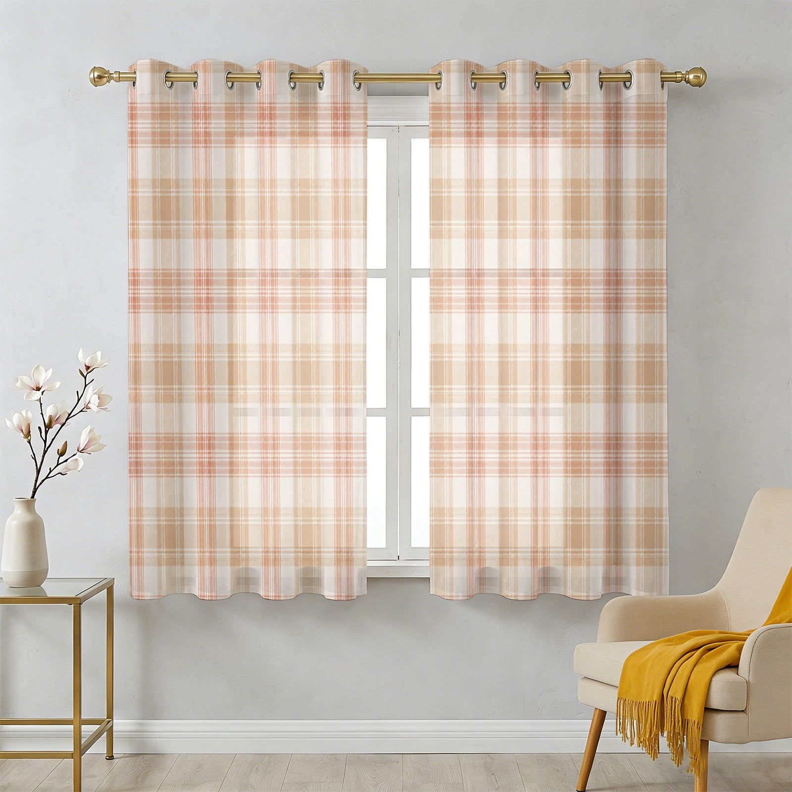 Beige Red Plaid Sheer Curtains 39 Inch Long 2 Panels, Country Farmhouse ...