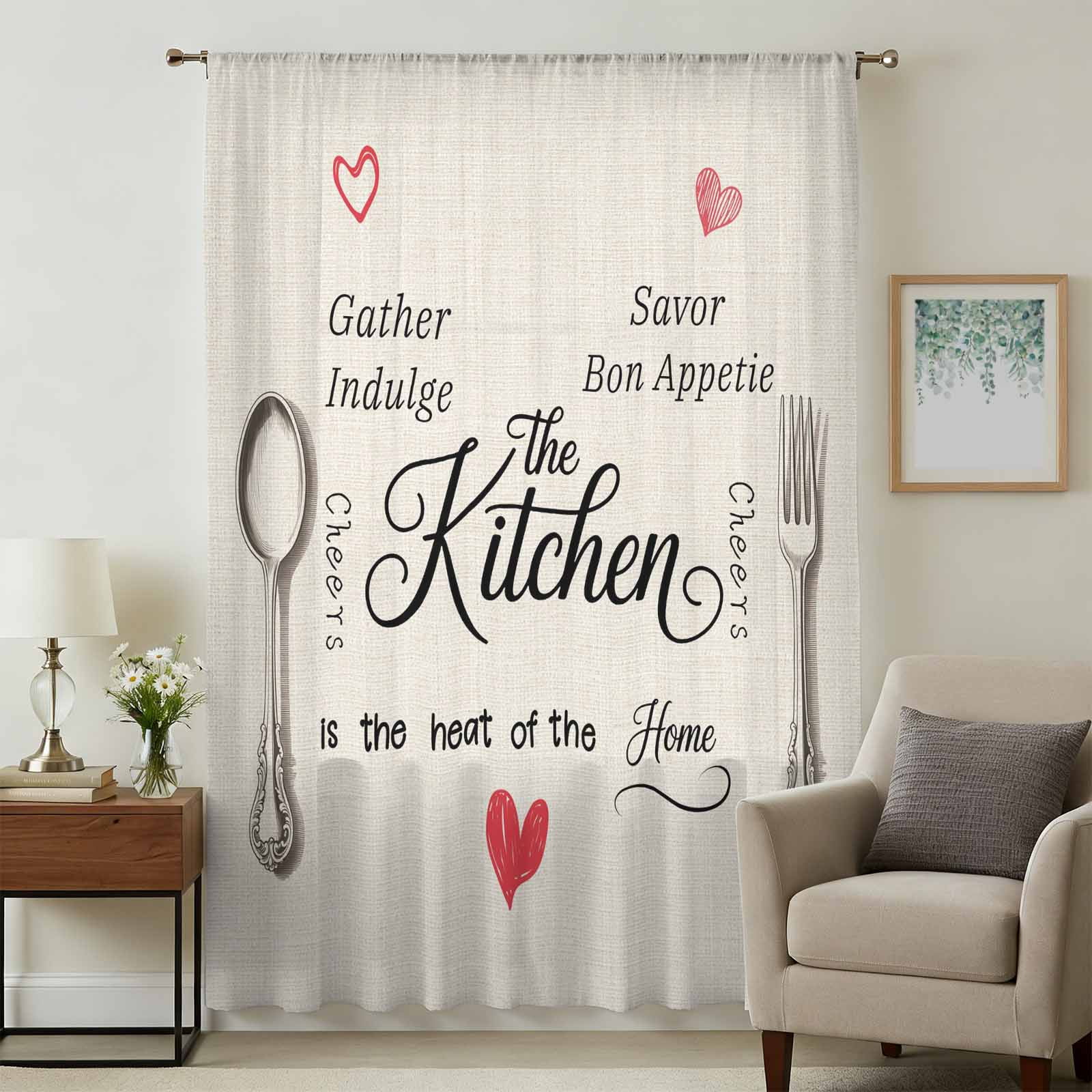 Beige Retro Art Sheer Curtains 108" Extra Long, Spoon Fork Vintage ...