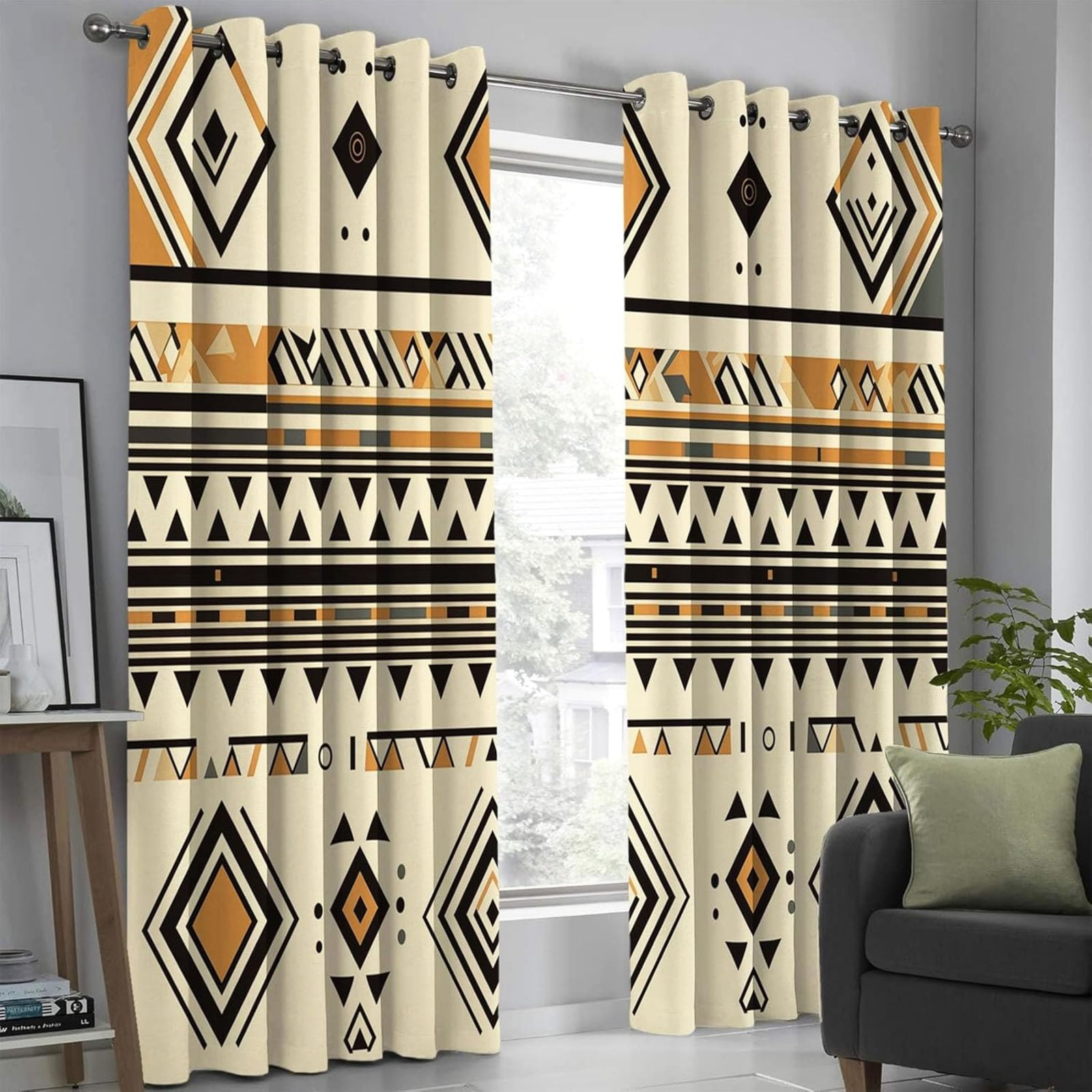 Beige Retro Diamond Pattern Stripes Blackout Curtains American Tribal ...