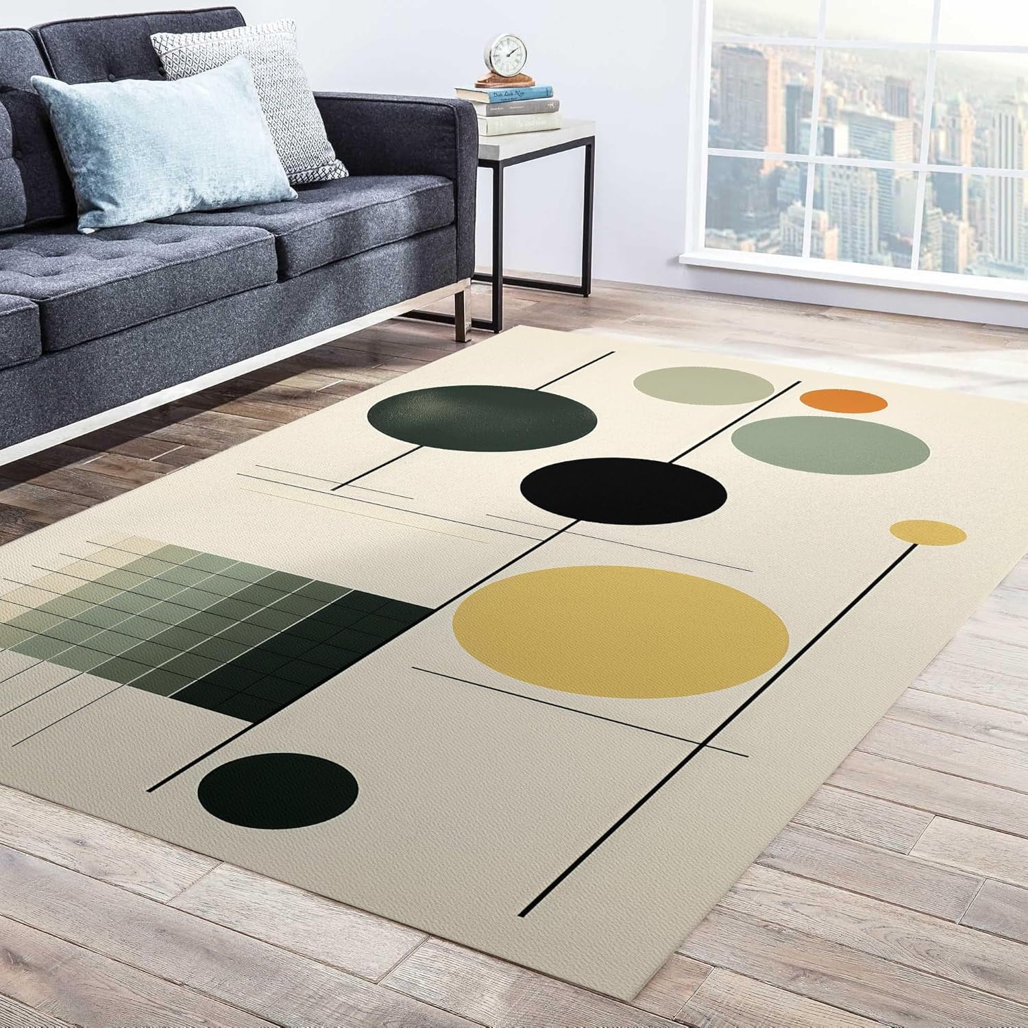 Beige Retro Line Area Rug,Boho Dorm Washable Rug, Non-Slip Rubberback ...