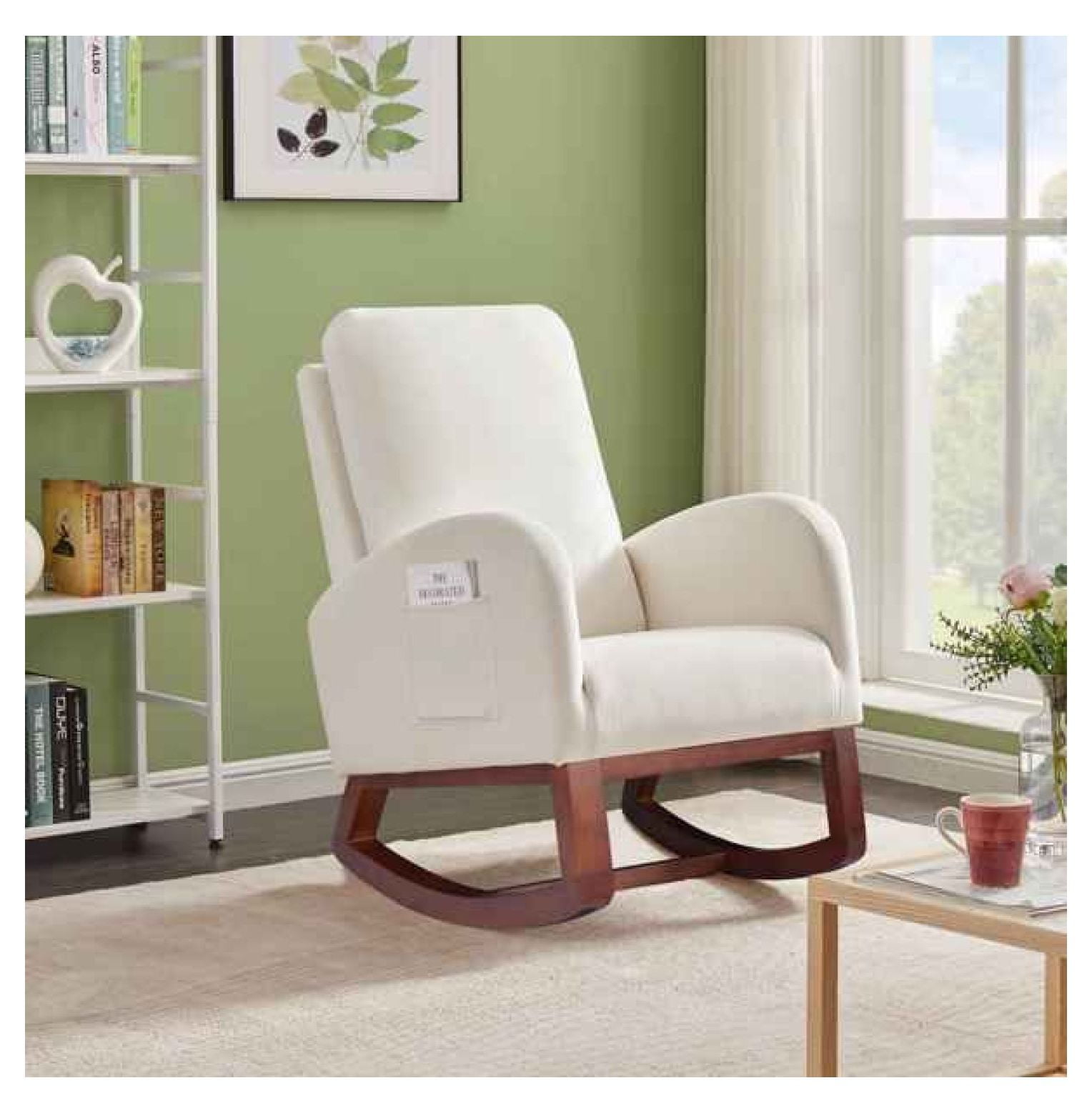 Beige Rocking Chair, High Back Flannelette Wood Indoor Chair with Side ...