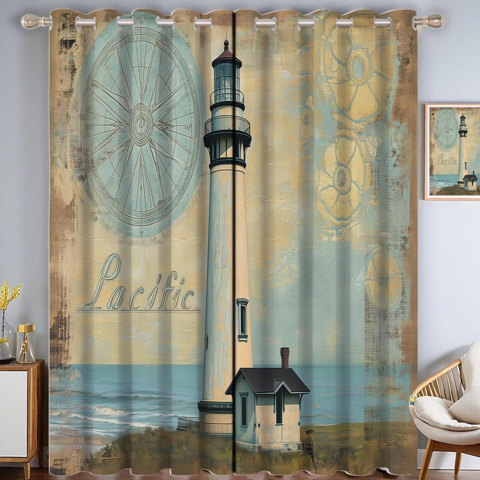 Beige Room Darkening Curtains–Seaside Theme Kitchen Curtain Drapes ...