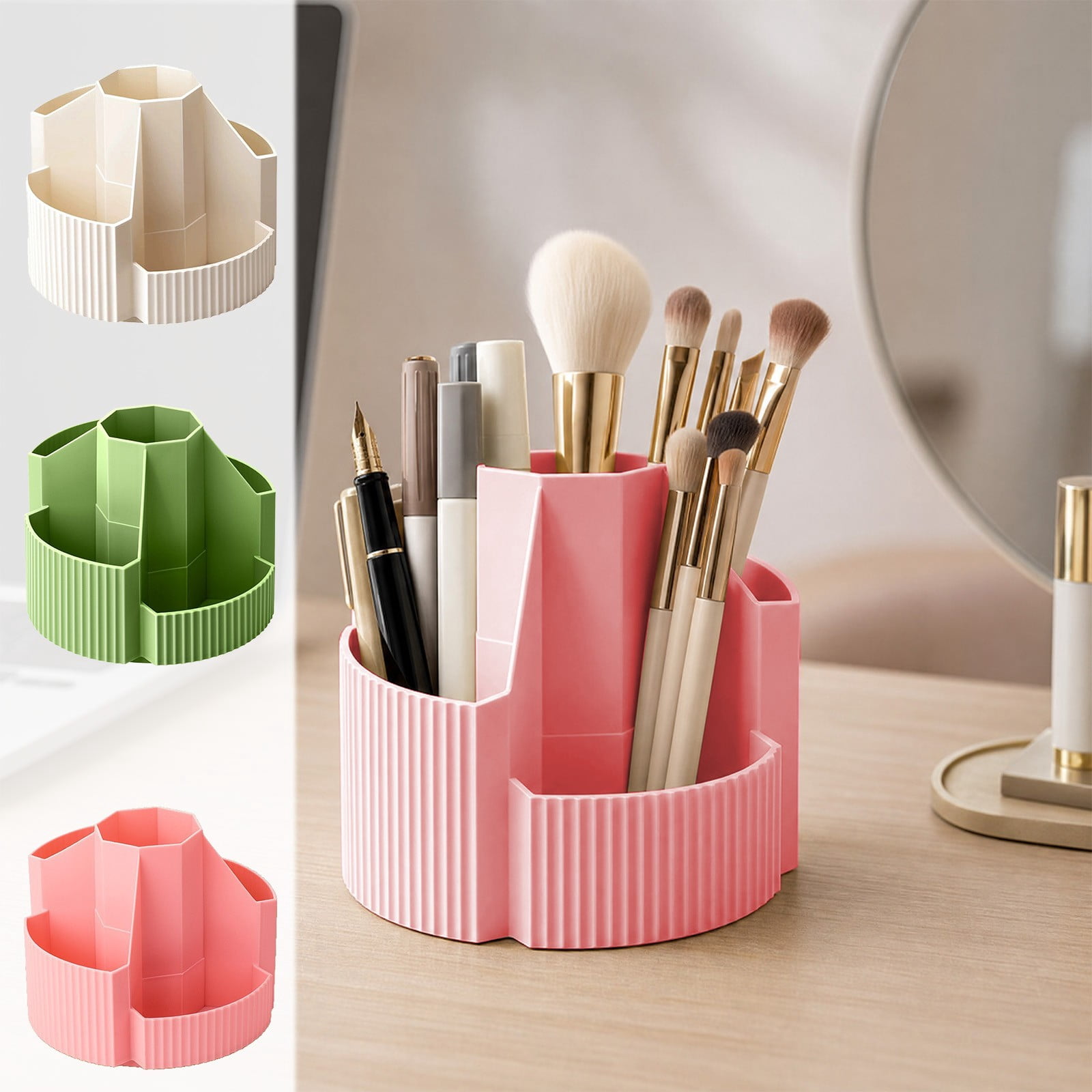 Beige Rotating Pen Container with Note Tray, Plastic Desktop Storage ...